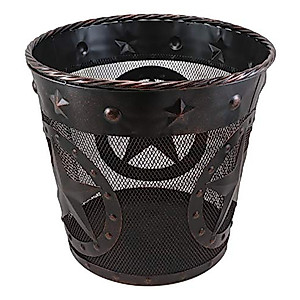 Ebros Rustic Western Texas Lone Stars in Circles of Nailheads with Braided Metal Rope Trim Wire Waste Basket Bin 12.75" Wide Home and Bathroom Accent Country Farmhouse Cowboy Decorative Trash Can