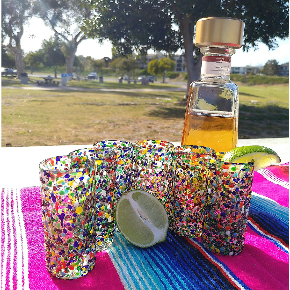 Dos Sueños Hand Blown Mexican Tequila Glasses – Set of 6 Confetti Design Tequila Shot Glasses (2 oz each)