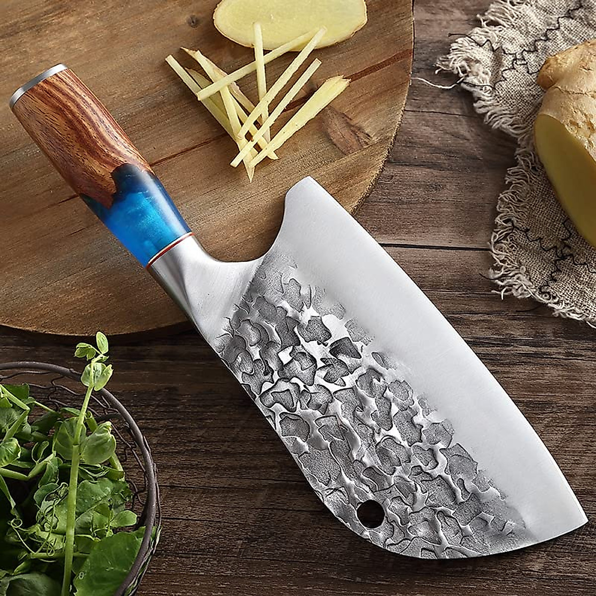 ZENG JIA DAO Forged Serbian Chefs Knife, Butcher Knife Forged in Fire, 8'' Cleaver Knife HC Steel Bone Cutting Knife Ergonomic Pakka Wood Blue Resin Handle for Kitchen/Restaurant/Slaughter House