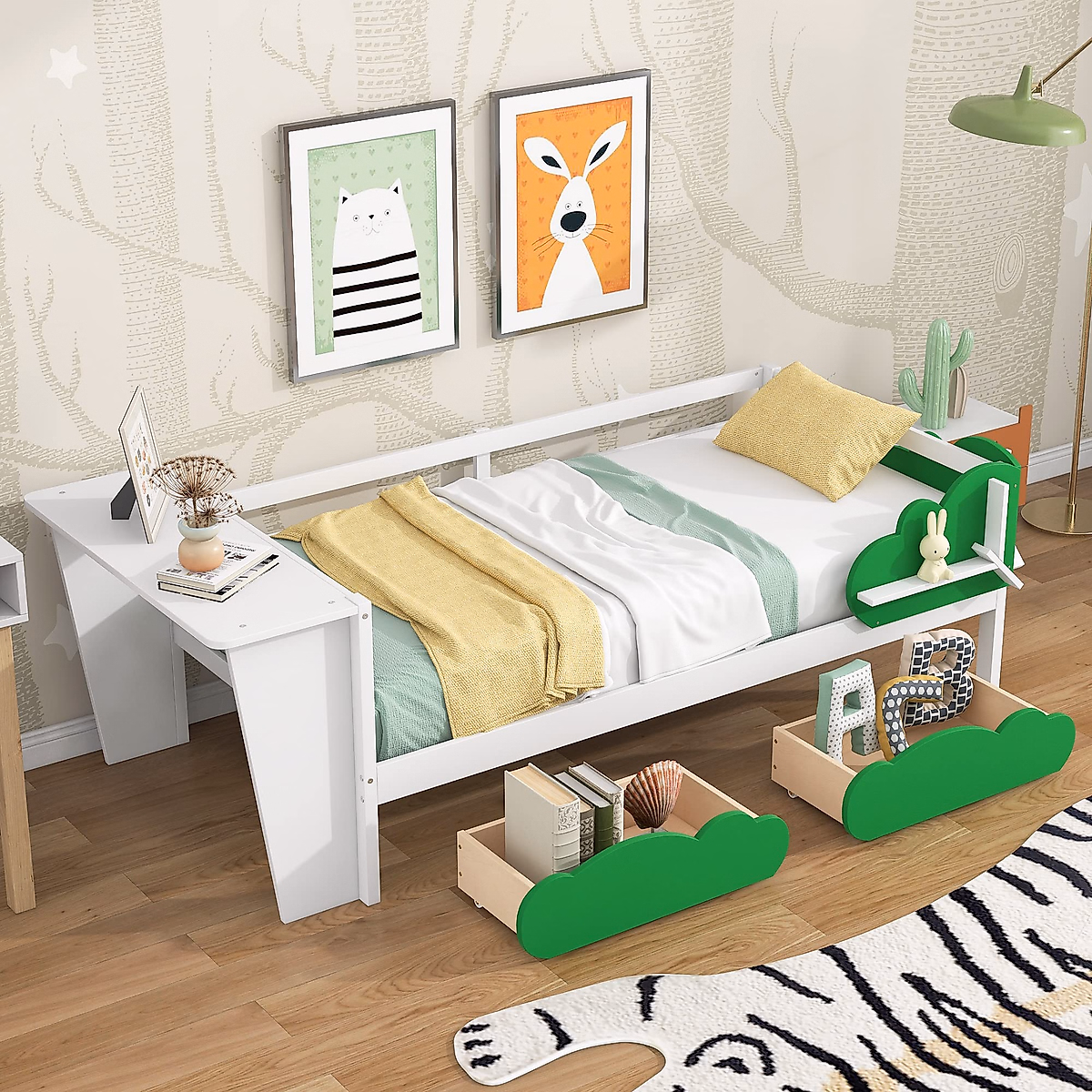 FIQHOME Twin Size Daybed with 2 Storage Drawers and Desk, Wood Kids Twin Bed Frame with Green Leaf Shape Shelves, Twin Sofa Bed Frame for Kids Girls Boys, No Spring Box Required, White