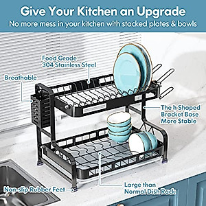 BOOSINY Dish Drying Rack for Kitchen Counter, 2 Tier Large Dish Drainers with Cup Holder and Utensil Holder, Dish Dryer Rack with Drainboard Set (304 Stainless Steel - Black)