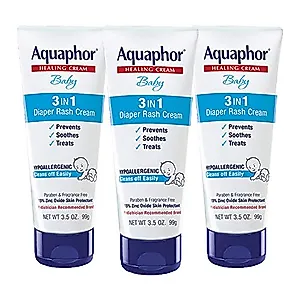 Aquaphor Baby Diaper Rash Cream, 3-in-1 Diaper Rash Relief, 3.5 Oz Tube, Pack of 3