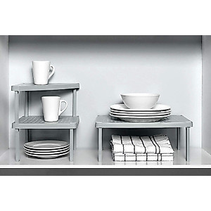 Level Collection Stackable, Kitchen Cabinet and Pantry Organizer, Modular Shelves- Set of 4 Shapes (Gray)