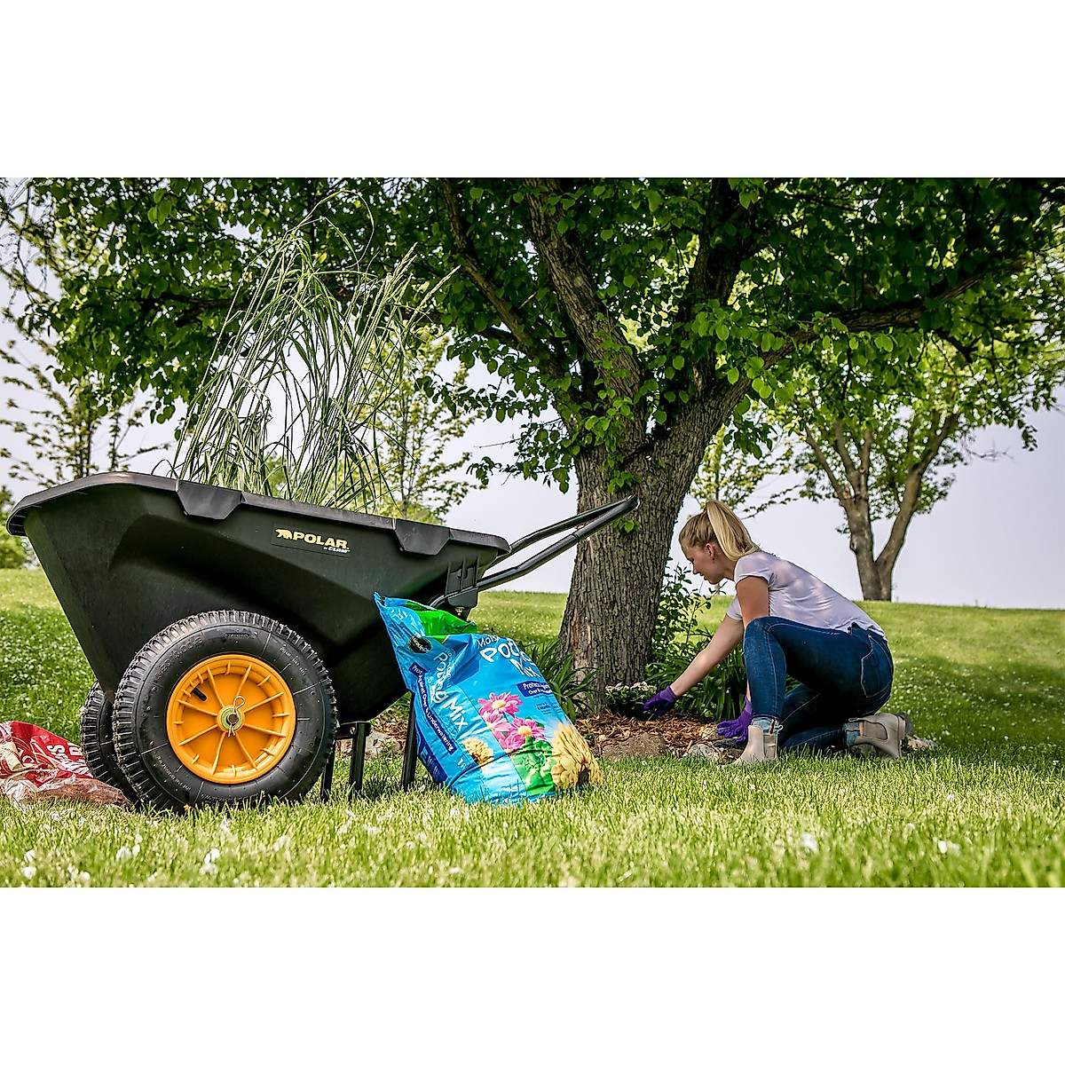 Polar Trailer 7 Cubic Foot Heavy Duty Utility Yard Garden Cart Wheelbarrow Cub Cart with Handle and Wide Track Rubber Wheels Hauling Outdoor, Black