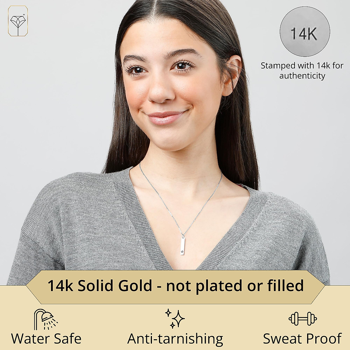 MAX + STONE 14k White Gold Bar Pendant Necklace for Women with 3mm Small Blue Aquamarine on 16 Inches to 18 Inches Adjustable Cable Chain with Spring Ring Clasp March Birthstone