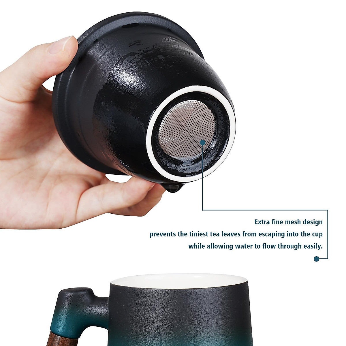 Ohtomber Tea Cup with Tea Infuser and lid for Loose Leaf Tea, 12oz Ceramic Tea Cup with Fine Mesh Tea Strainer, Wood Handle Loose Leaf Tea Steeper Coffee Mug, Tea Diffusers Filter Mug, Birthday Gifts