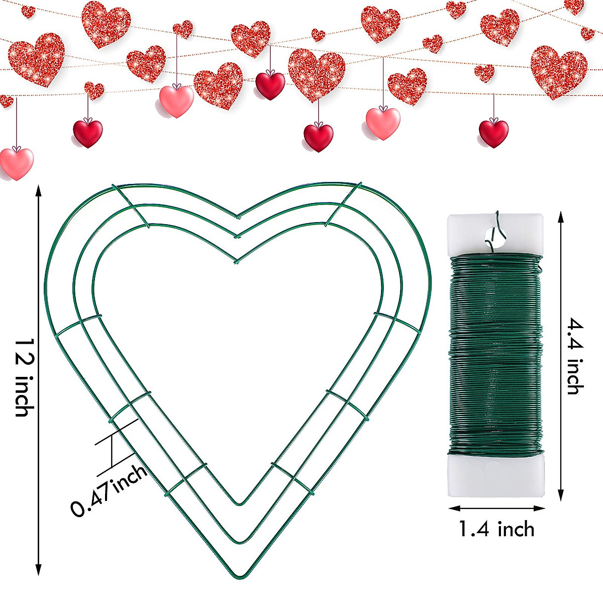 WILLBOND 2 Pack 12 Inch Heart-Shaped Wire Wreath Rings Garden Heart Dark Green Metal Wreath Frame with 115ft Green Flexible Paddle Wire Florists Wire for New Year Valentines Home Party Decoration