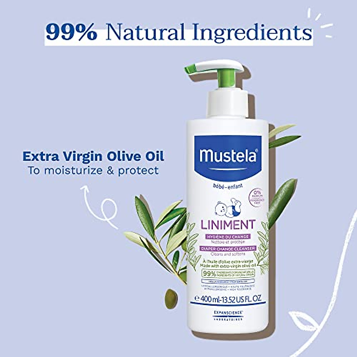 Mustela Liniment - No-Rinse Baby Cleanser for Diaper Change - with Extra Virgin Olive Oil - Fragrance-Free - 13.52 fl. Oz