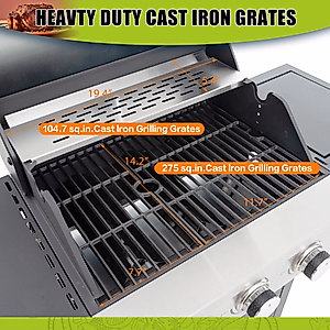 Propane Grill with Side Burner and Temperature Gauge - Stainless Steel Gas Grill with 3 Heads and 430 Thickness - Outdoor Cooking Grill with Electronic Ignition System and Cast Iron Cooking Grids