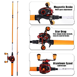 Sougayilang Fishing Rod and Reel Combo, Medium Fishing Pole with Casting Reel, Baitcaster Combo, SuperPolymer Handle-Orange-6ft with right handle reel