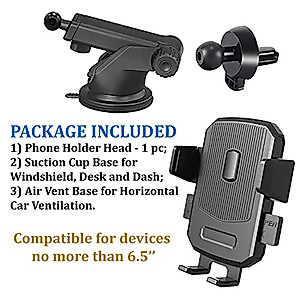SALEX Universal Windshield Phone Mount. Telescopic Suction Cup Cell Phone Mount for Car Dashboard, Air Vent, Desk. Black Rotating Smartphone Bracket. Adjustable Car Cradle for Mobile Phone & GPS.