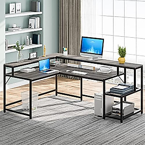 Tribesigns 69 Inch L Shaped Desk with Monitor Stand, Large Reversible Corner Desk with Storage Shelf, Industrial Computer Table Writing Desk for Home Office, Gray