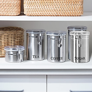 Oggi Stainless Steel Sugar Canister 62 fl oz - Airtight Clamp Lid, Clear See-Thru Top - Ideal Sugar Container for Countertop, Sugar Jar, Bulk Sugar Storage. Large Size 5" x 7.5".