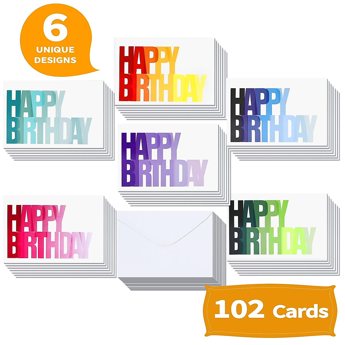 XXINMOH 102 Pack Happy Birthday Cards Bulk Box Set with Envelopes 4 x 6 inch, Blank Inside, 6 Designs for Students, Work, Office, Colorful Ombre Font (Plus 102 Pack Envelopes)