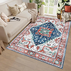 Rugs for Living Room,Vintage Rug for Living Room Bedroom Dinning Room, Distressed Tribal Area Rug,Low Pile Non-Slip Washable Indoor Door Mat for Kitchen Entryway Bathroom,6 * 9ft,red