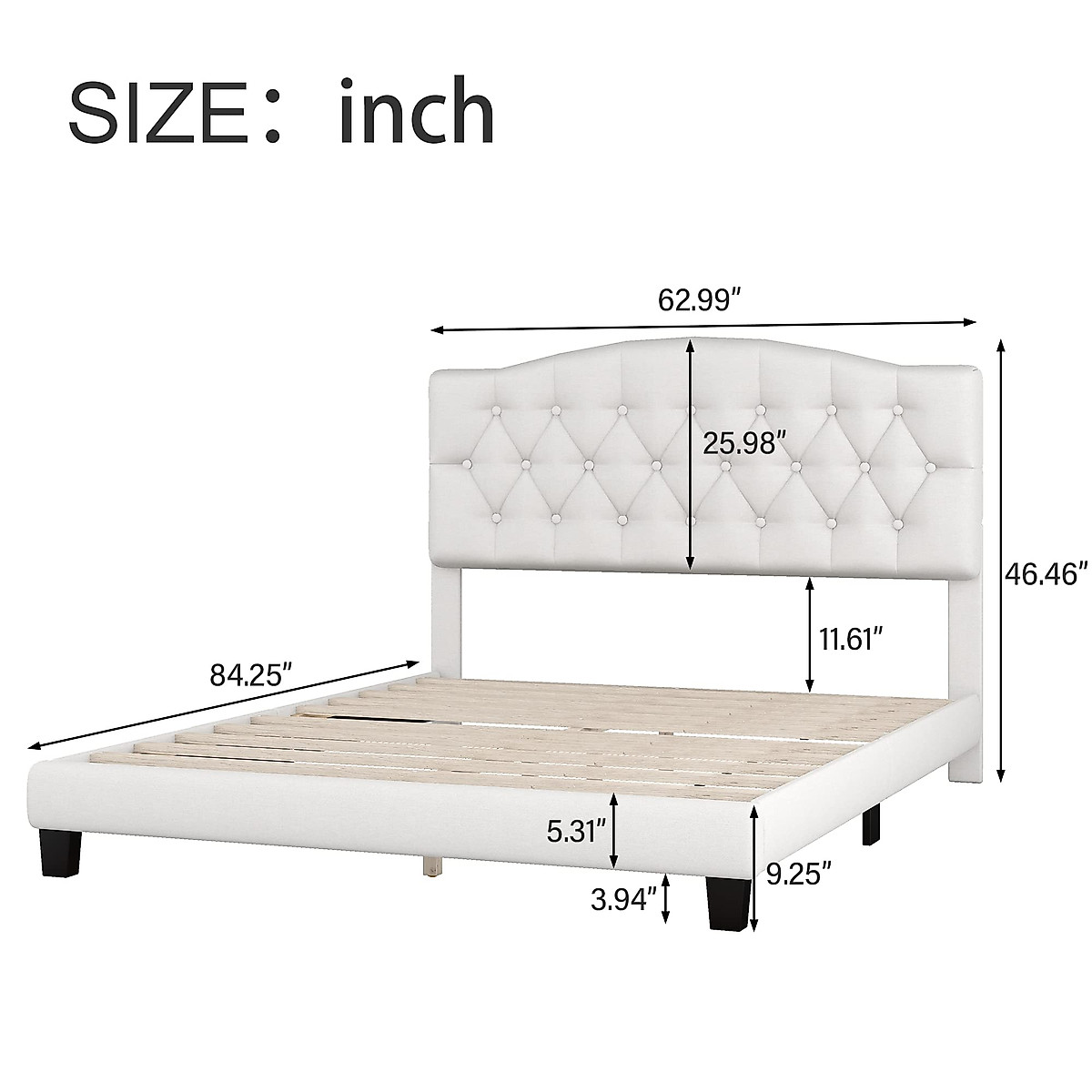Modern Beige Queen Bed Frame Linen Upholstered Platform Bed with Headboard Solid Wood Queen Size Bed Frame Mattress Foundation Diamond Tufted Details Sturdy Wood Slat Support No Box Spring Needed