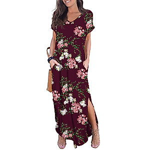 GRECERELLE Women Casual Sundresses Short Sleeve Shirt Dress Split Maxi Long Beach Dresses Travel Vacation 2024 Summer Outfits XL, Burgundy