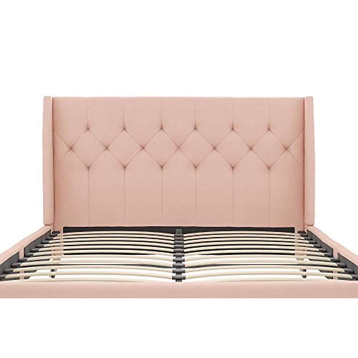 Novogratz Her Majesty Upholstered Linen Bed, Tufted Wingback Design and Wooden Legs, Queen Size - Pink Linen