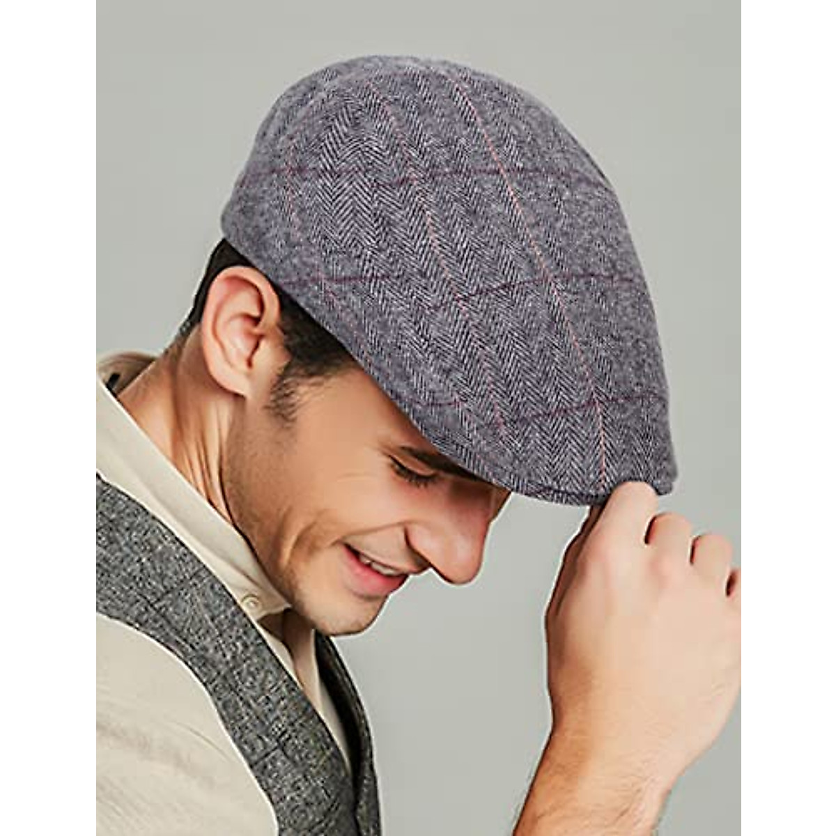 Senker 2 Pack Men's Classic Herringbone Tweed Wool Blend Flat Cap Ivy Gatsby Newsboy Cabbie Driving Hat,B-black/Grey,One Size