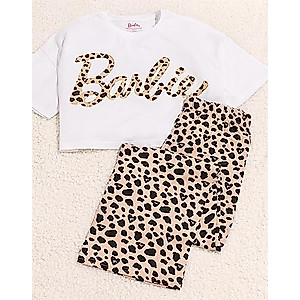 Barbie Pyjamas Womens Animal Print Logo Cropped T-Shirt Bottoms Pjs White