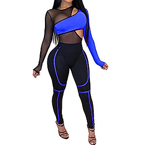 Uni Clau Women's Sheer Mesh Two Piece Jumpsuits See Through Long Sleeve Bodysuit Skinny Long Pants Club Romper Blue S
