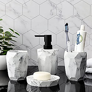 MyGift 4 Piece Modern Bathroom Accessory Set with Marbled Pattern and Geometric Design Includes Lotion Dispenser, Toothbrush Holder, Tumbler, Soap Dish