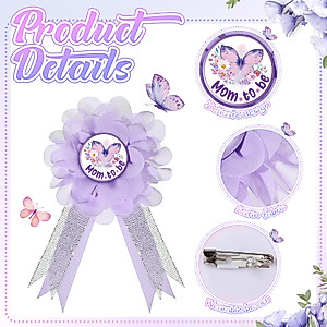 Riceshoot Butterfly Theme Maternity Flower Sash and Corsage Set Pink Purple Baby Shower Decorations Mom to Be Dad to Be Pin with Headband Wristband for Baby Shower Gender Reveal Party Gifts (Purple)