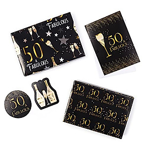 BIOBROWN Happy 50th Birthday Wrapping Paper Sheets Black Design Including Greeting Card and Gift Tags for Birthday Wishes - 2 Fold Flat Sheets