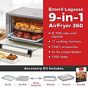 Emeril Lagasse Power Air Fryer 360 Better Than Convection Ovens Hot Air Fryer Oven, Toaster Oven, Bake, Broil, Slow Cook and More Food Dehydrator, Rotisserie Spit, Pizza Function Cookbook Included (Stainless Steel)