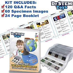 Dr. STEM Toys - Talking Microscope for Kids with Twenty Slides Containing Sixty Specimens, Over 120 Quiz Facts, Adjustable Focus, and Light-Up Platform
