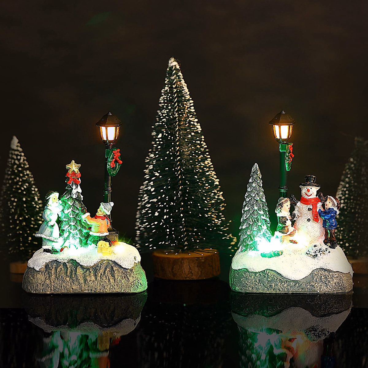 Karenhi Christmas Village Sets, 2 Pcs Snowman Tree Santa Christmas Village Scene with Figurines LED Light Xmas Accessories Tabletop Decorative Xmas Ornaments for Table Decor(Rustic Style)