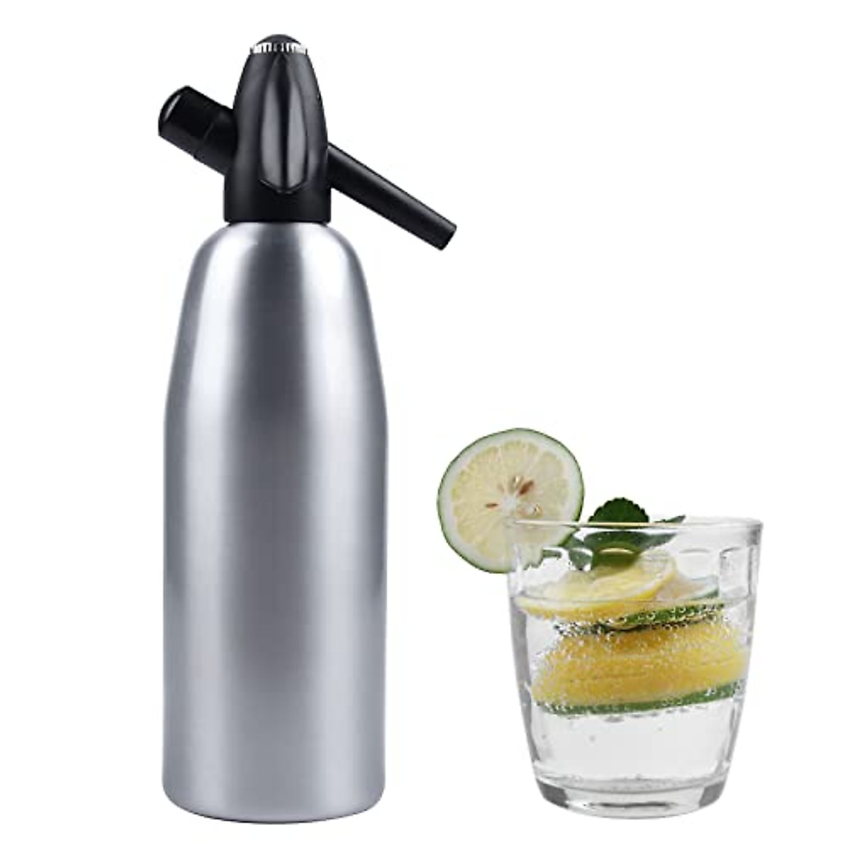 KOUPOURA Soda Siphon, Upgraded 1L Soda Water Siphon Portable Soda Maker Seltzer Water Maker Seltzer Siphon Bottle Kit for Home Bar Club Making Soda Water DIY Soda Drinks (Silver)