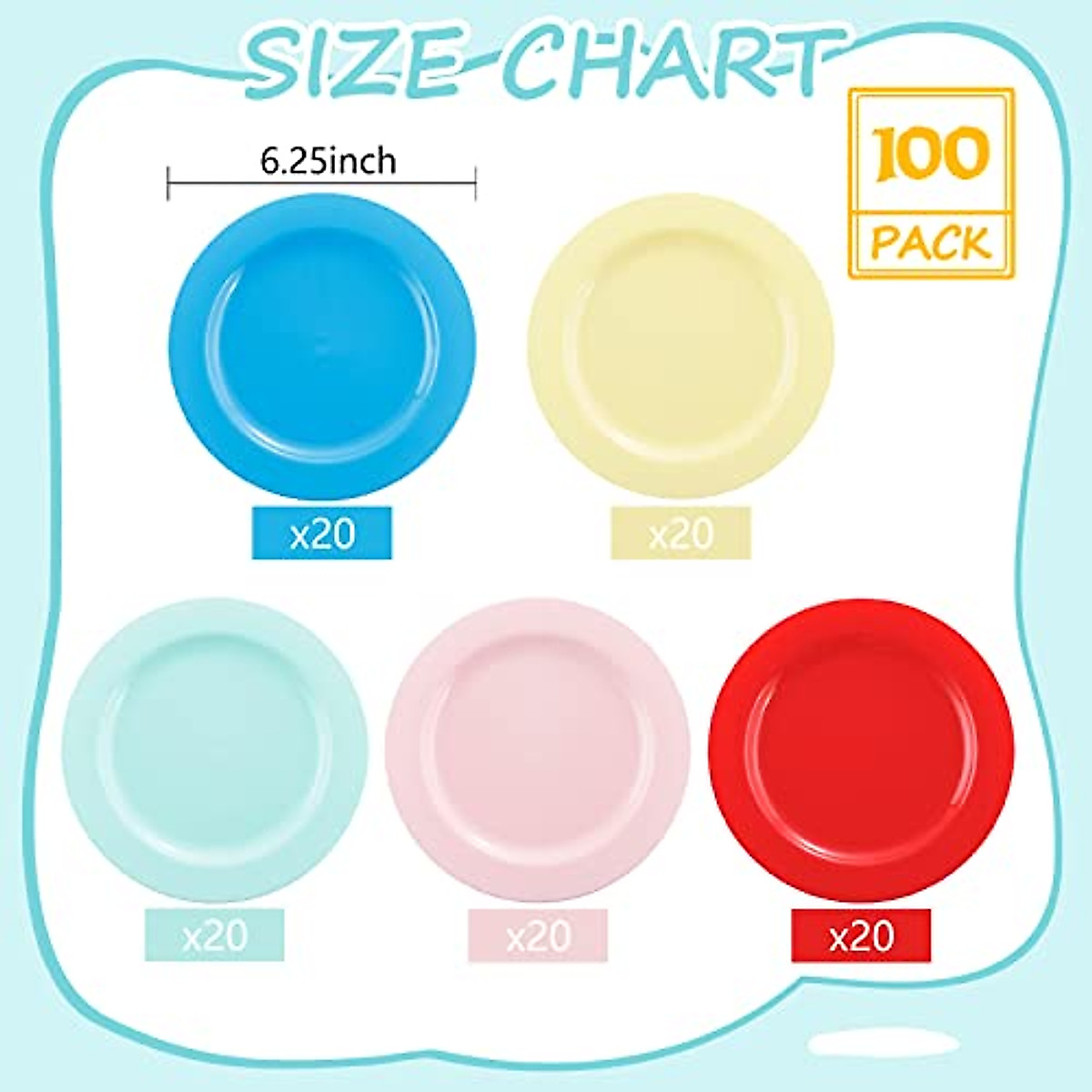 bUCLA 100PCS 6.25inch Plastic Dessert Plates -Cake Plates Appetizer Plates - Disposable Rainbow Plates In 5 Colors for Party, Birthday and Baby Shower