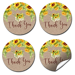 Rustic Fall Watercolor Sunflowers Thank You Sticker Labels, 40 2" Party Circle Stickers by AmandaCreation, Great for Party Favors, Envelope Seals & Goodie Bags