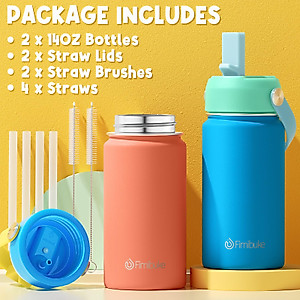 Fimibuke Kids Insulated Water Bottle - 14oz BPA-FREE Double Wall Vacuum Tumbler 18/8 Stainless Steel Leak Proof Kids Cups with Straw Metal Water Bottle for School Boys Girls (2 Pack, Ocean Life)
