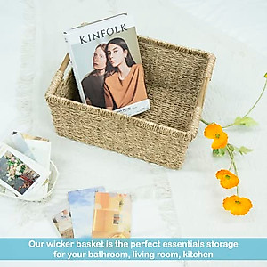 Large Wicker Storage Basket with Wooden Handles, Seagrass Baskets for Shelves, Natural Basket With Handle, Wicker Baskets for Storage 14.5 x 10.3 x 7.5 inches