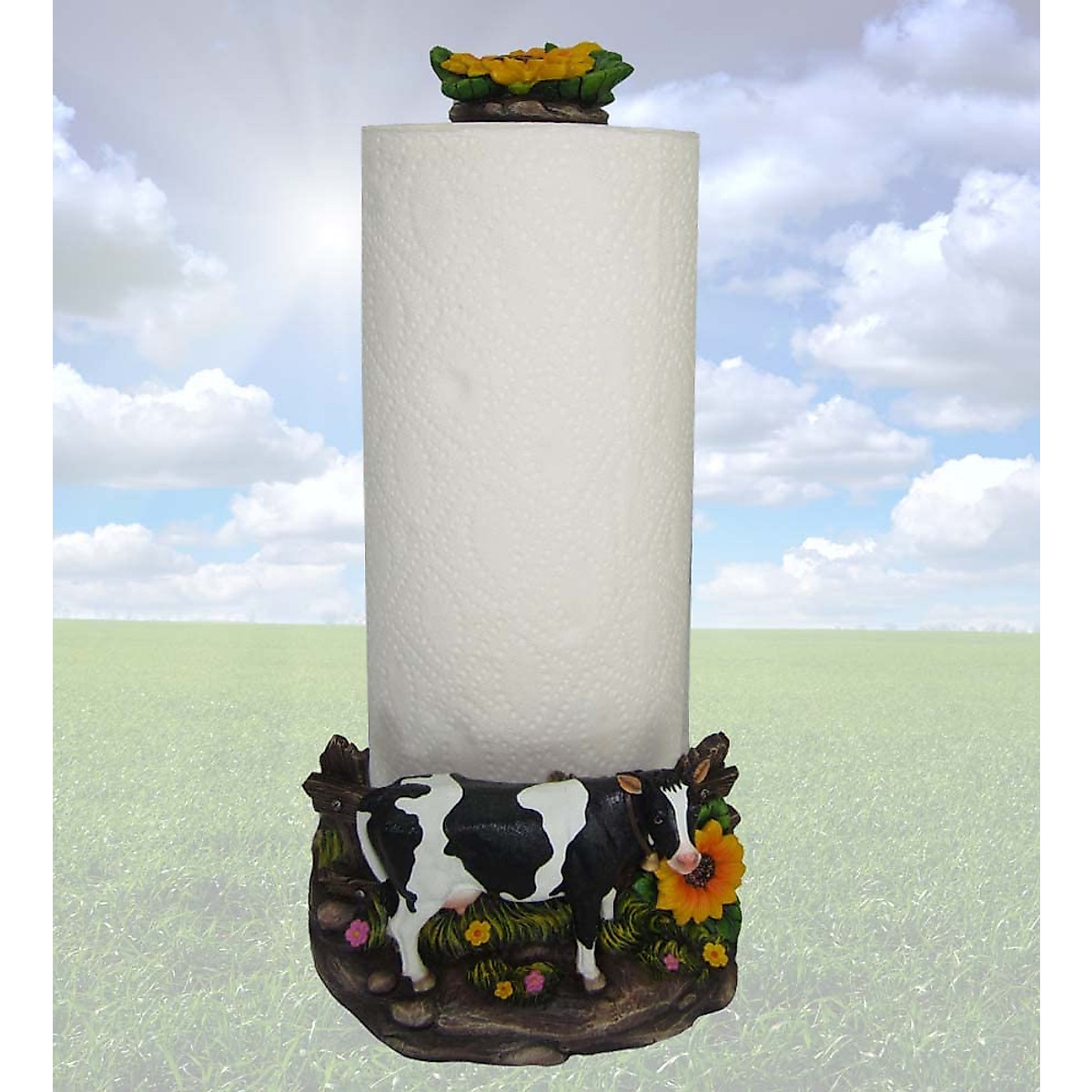 DWK Farmhouse Cow Paper Towel Holder Decorative Farm Kitchen Countertop Towel Dispenser Stand - 15"