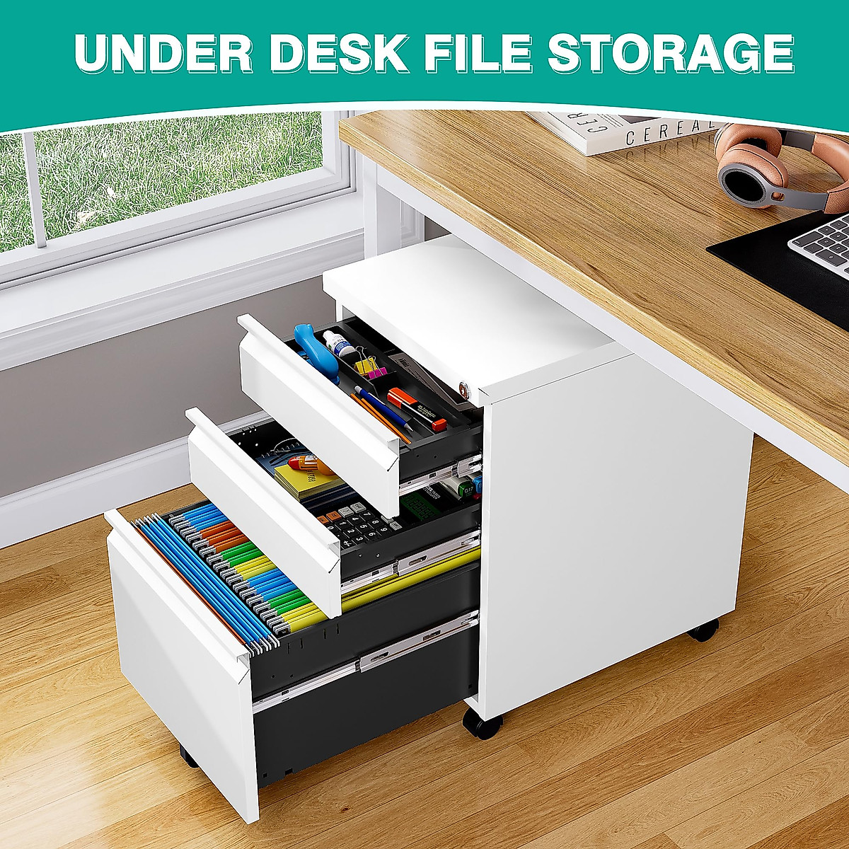 3 Drawer File Cabinet with Lock,Under Desk File Cabinet with Wheels,White Rolling File Cabinet,Three Drawer Metal Filing Cabinet for Home Office,Fit A4/Letter/Legal File,Fully Assembled Except Casters