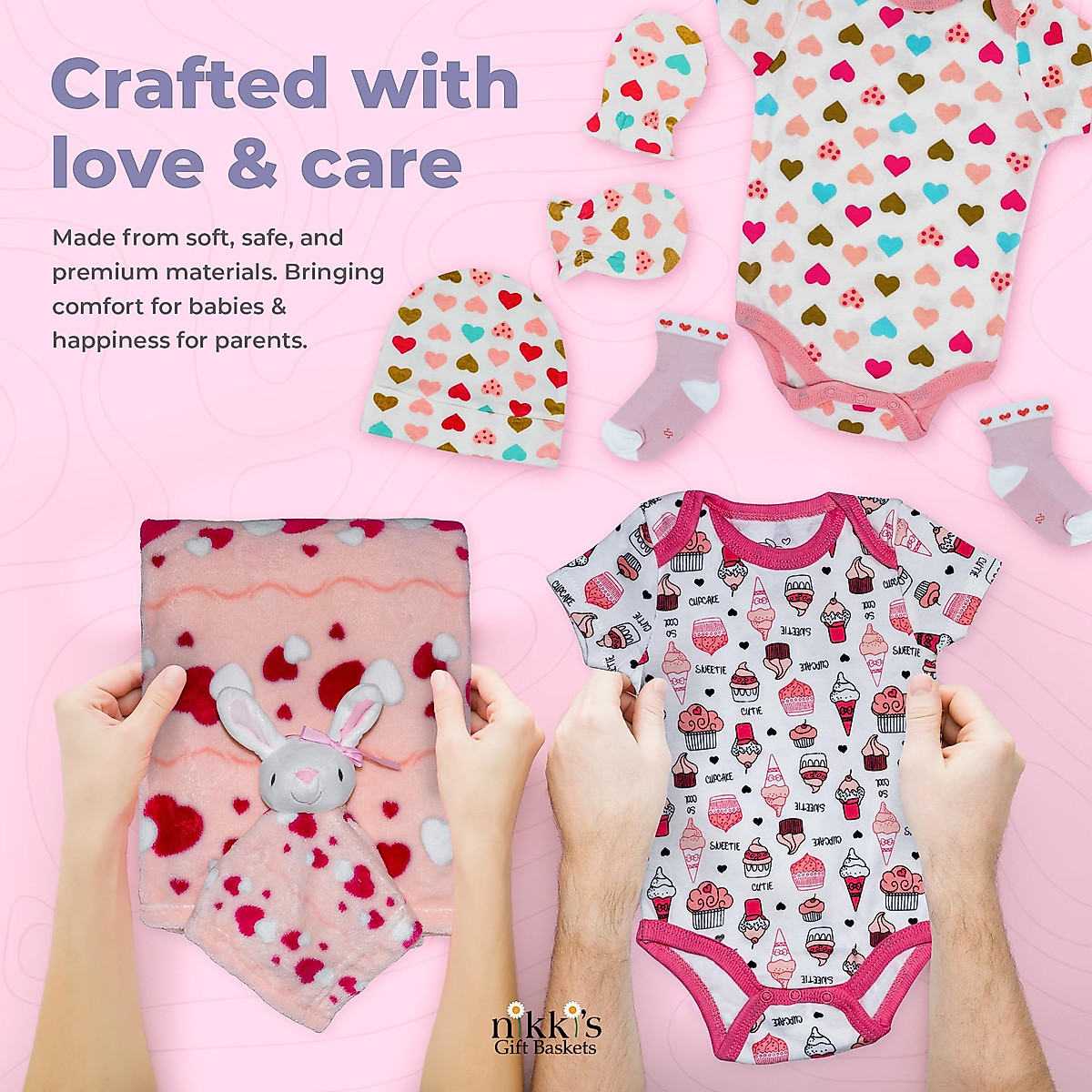 Bassinet New Baby Girl Gift Set | Unique Newborn Gift Basket Hamper for Gender Reveal | Baby Essentials for Expecting Moms & Parents | 17-Piece Baby Layette Set | Pink - Nikki's Gift Baskets