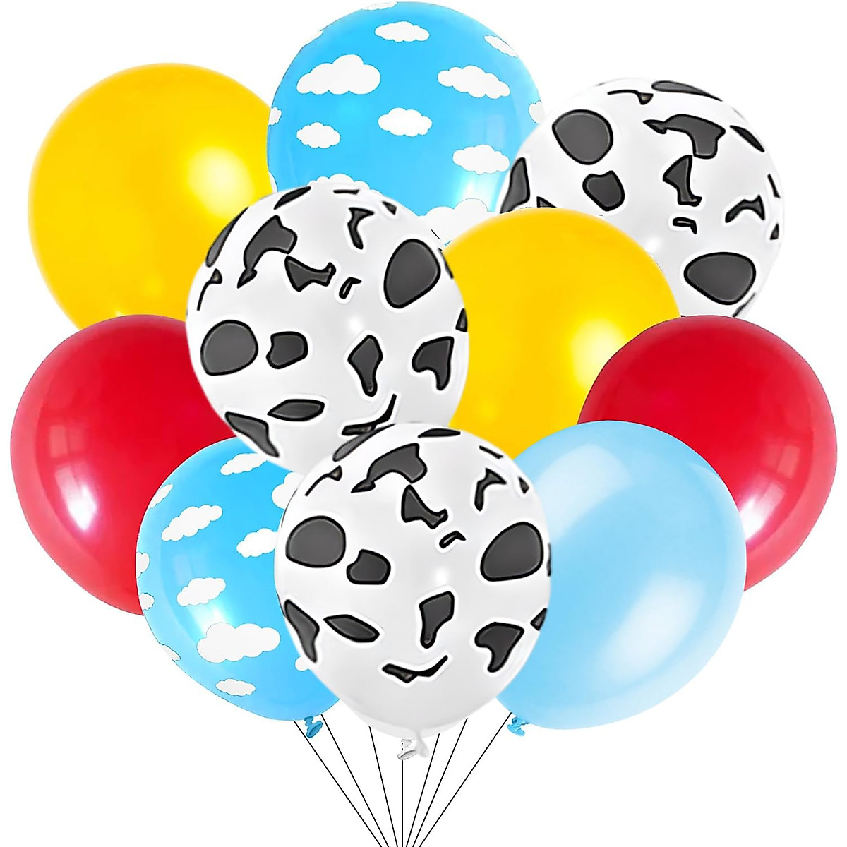 60Pcs 12inch Toy Inspired Story Balloons Kit Cow Pattern Cloud Yellow Red Blue Green Latex Balloons for Kids Toy Inspired Story Theme Birthday Party Supplies Decorations