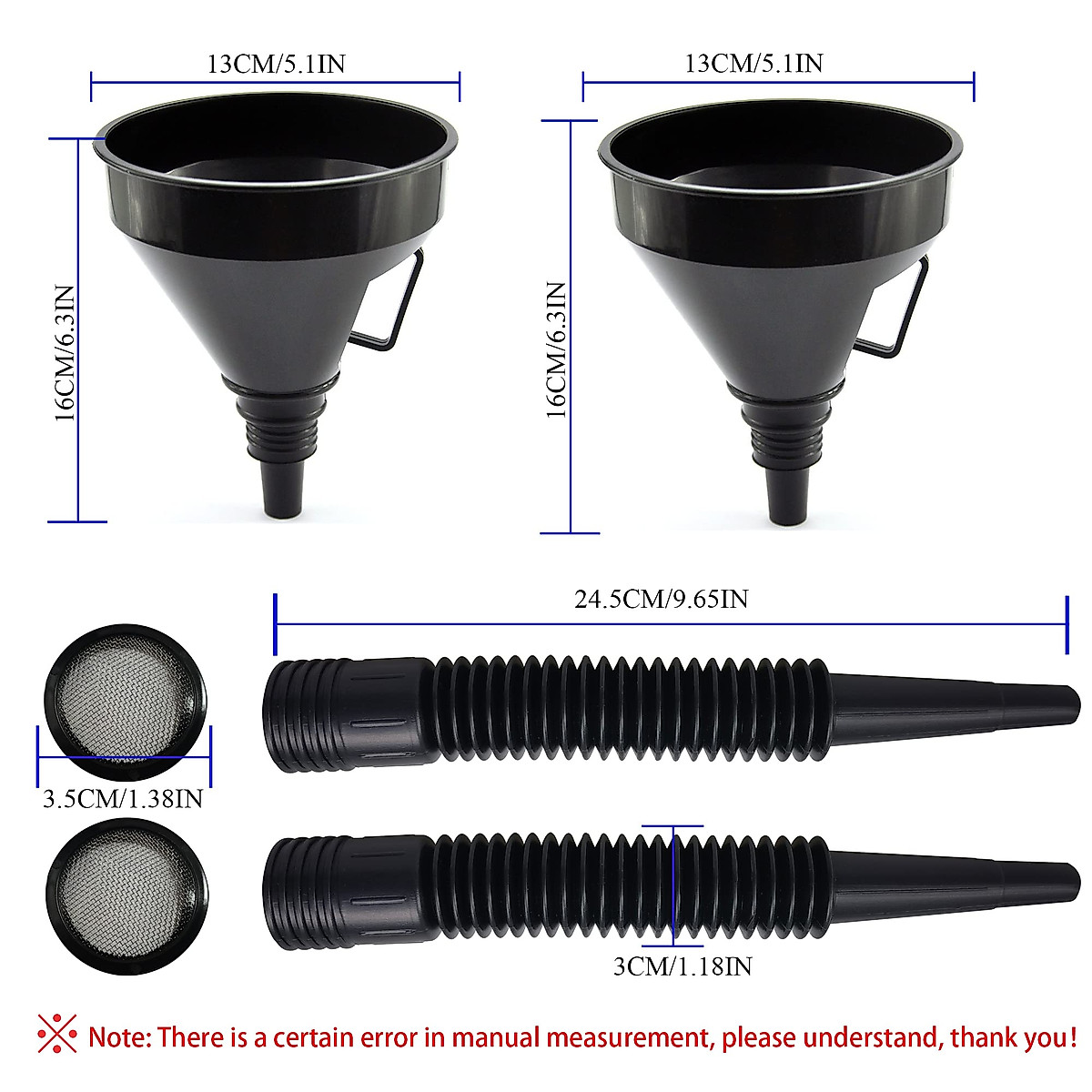 Flex Funnel - Wide Mouth Flexible Funnel with Handle, Multi-Functional Large Plastic Automotive Funnels for Cars and Motorcycles, Engine Oil, Liquid, Diesel, Kerosene,Gasoline (2pcs * 5.2" Black)