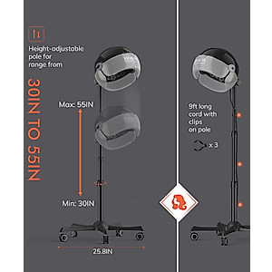 TASALON Ionic Hooded Hair Dryer - 1875W Bonnet Dryer with 3 Temperature Settings - Portable Standing Dryer for Home and Salon