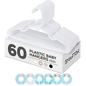 Smartor White Plastic Baby Hangers, Kids Hangers with Dividers, Baby Clothes Hangers for Closet, Cute Baby Hangers for Nursery, Clothing Hangers for Infant, Baby, Kids, Newborn, nursery-60 Pack