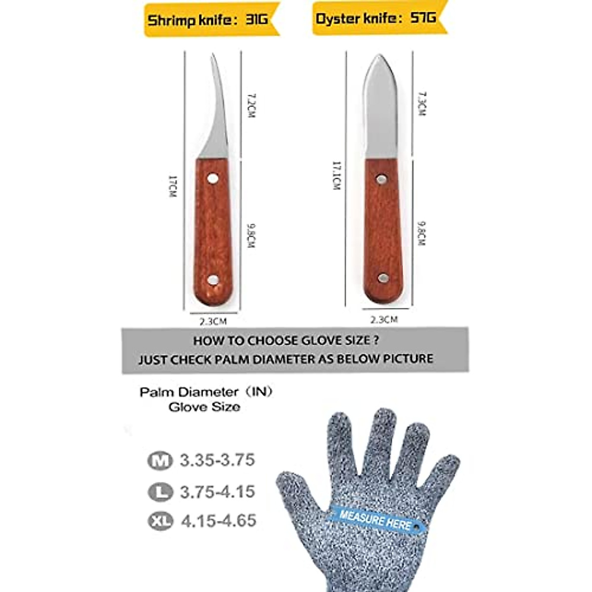 ohsuni Oyster Shucking Knife Oyster Knife, Set of 2 Oyster Shucker with Premium Wood-handle and 1 Pairs Level 5 Cut Resistant Gloves, (2Knifes+1Glove)