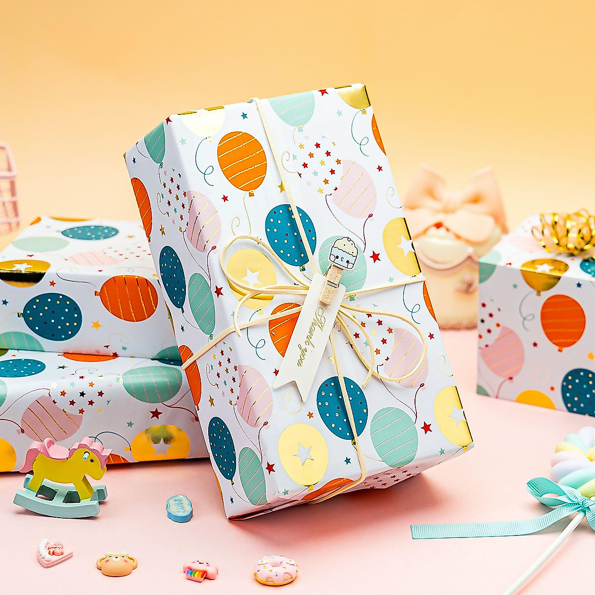 Retrify Birthday Wrapping Paper, Metallic Gold Gift Wrap Paper Roll, Colorful Balloon Cute Polka Dot Star Happy Birthday Design - 17 Inches x 32.8 Feet