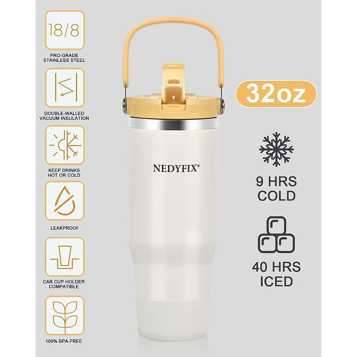 Nedyfix 32 Oz Tumbler with Handle Vacuum Insulated Water Bottle Stainless Steel Tumbler Car Reusable Cup Cold for 12 Hours-Beige White