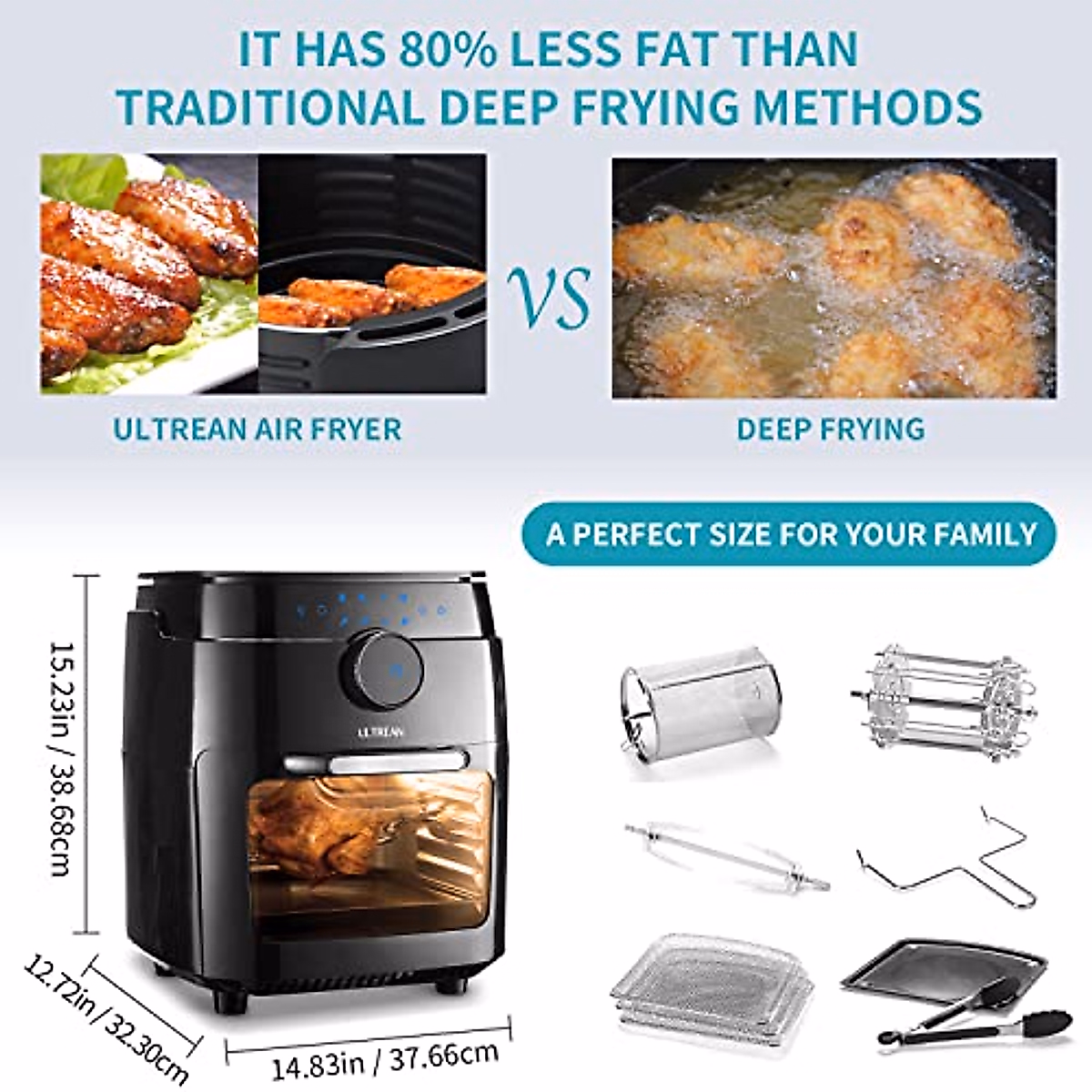 Ultrean Air Fryer oven, 12.5 Quart Airfryer Toaster Oven with Rotisserie,Bake,Dehydrator,Auto Shutoff and 8 Touch Screen Preset, 8 Accessories & 50 Recipes