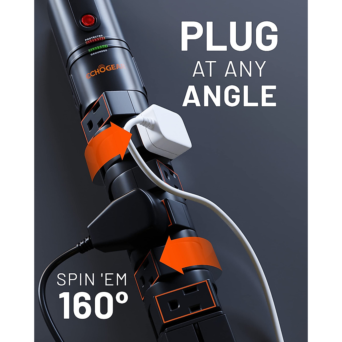 ECHOGEAR VoltSpin Surge Protector Power Strip with Rotating Outlets, Flat Plug, Long Cord, & Mounting Holes - Power Strip with Heavy Duty Surge Supression Plus Built-in Cable Management