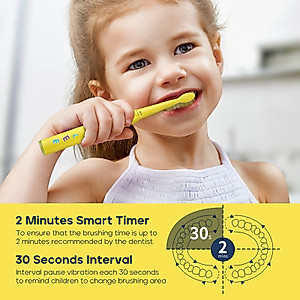 SEAGO Kids Electric Toothbrush, Sonic Soft Bristle Rechargeable Toothbrushes with DIY Stickers, 5 Modes, Includes 4 Replacement Brush Heads, Ages 3 to 12 Years Old (Yellow)
