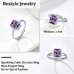 Bestyle 925 Sterling Silver Square Crytsal Cubic Zirconia Rings | Classic Silver February Amethyst Crystal Birthstone Rings for Women, Great Birthday Gift for Daughter/Wife/Mom/Grandma
